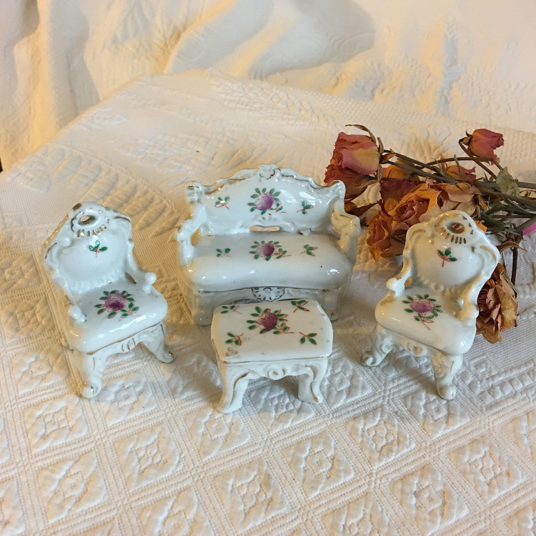 Vintage Mini Porcelain Living Room Furniture. Sofa, Two Chairs and a ...
