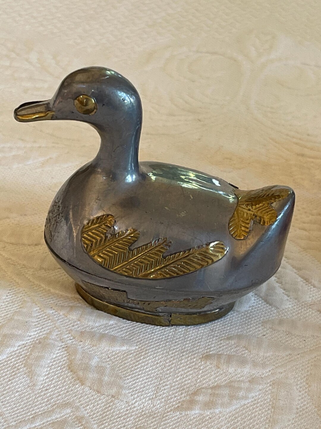 Vintage Pewter and Brass Duck Box. Heavy and Primitive Looking Small ...