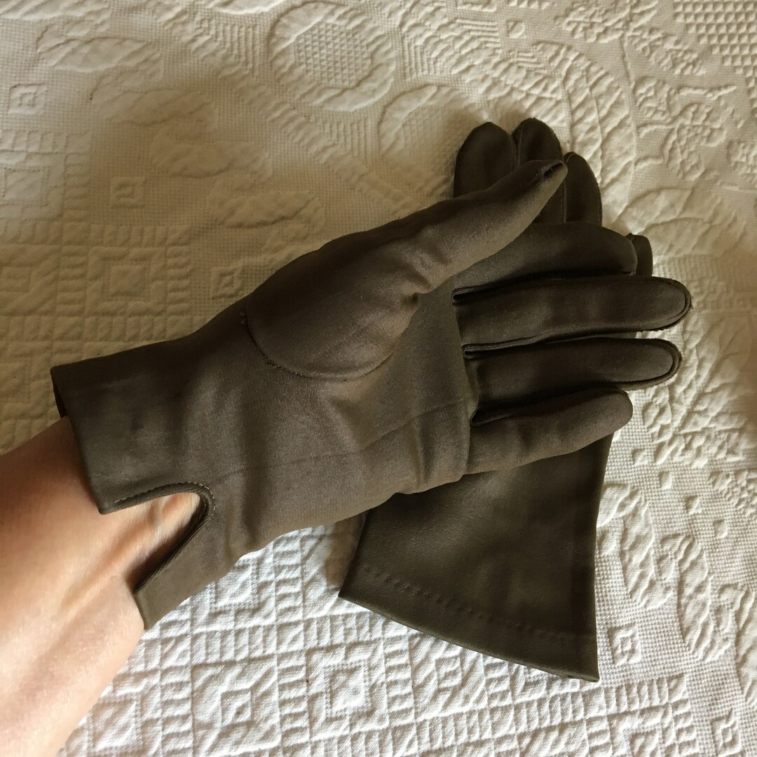 Vintage Short Olive Green Gloves. Nylon Gloves With Wrist Opening Slit ...
