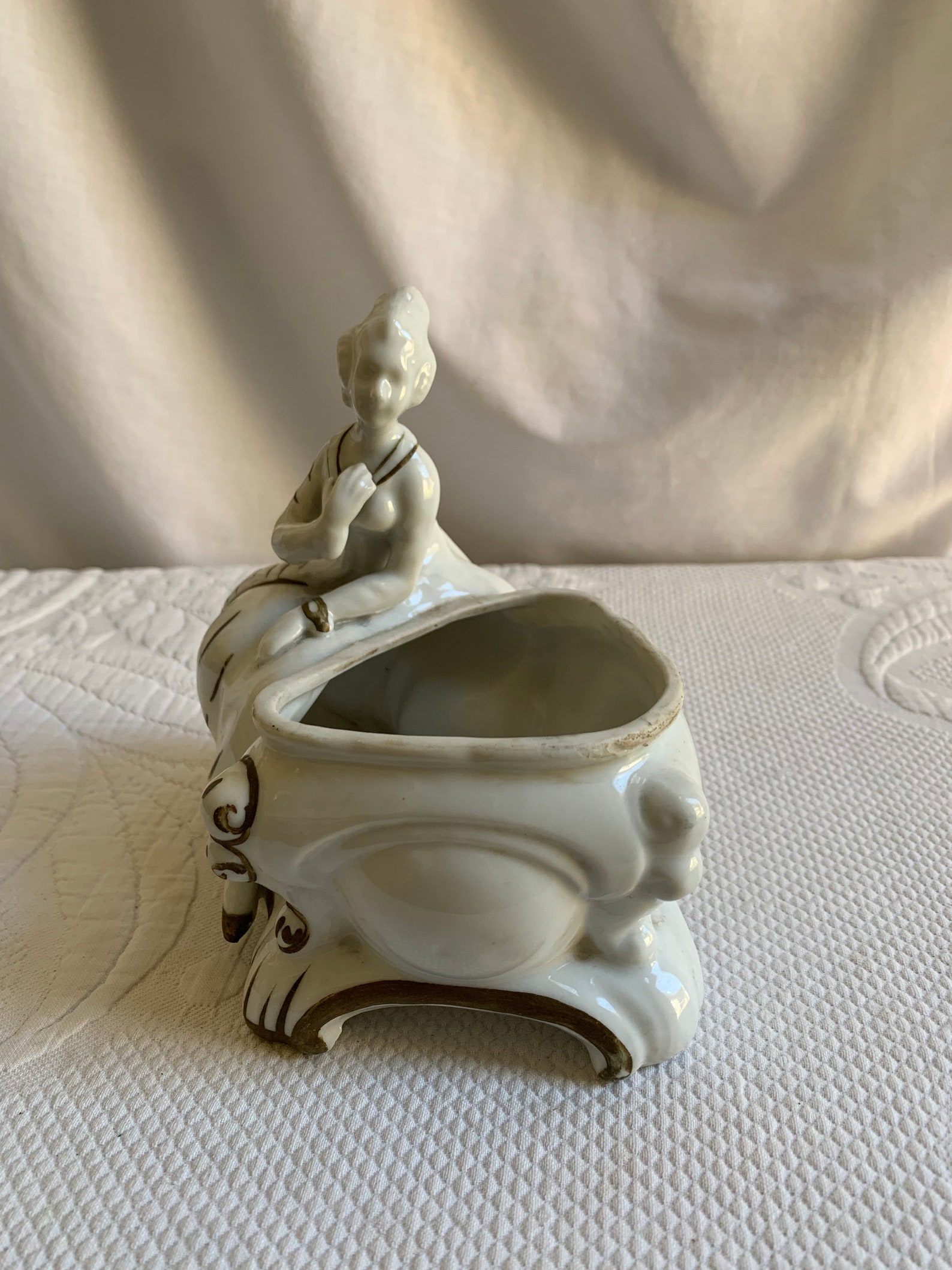 Vintage Porcelain Flower Pot Figurine With Lady Leaning Over Pot. Made ...
