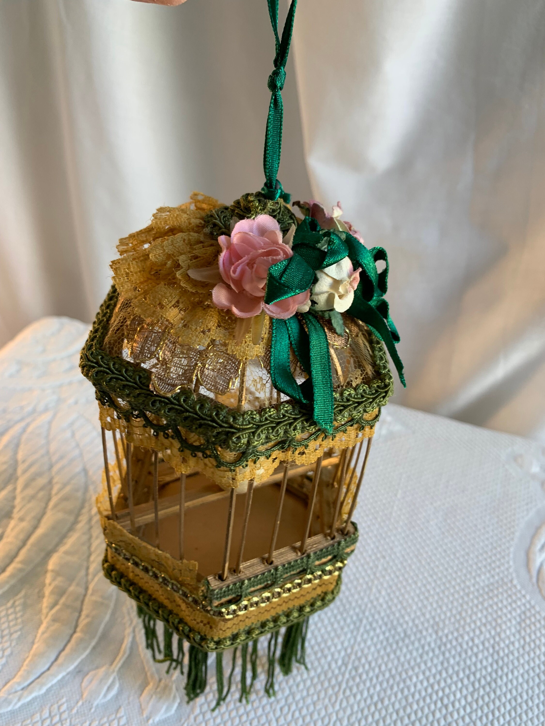 Vintage Bird in Cage With Lace, Trim and Tassels. Ribbon to Hang and ...
