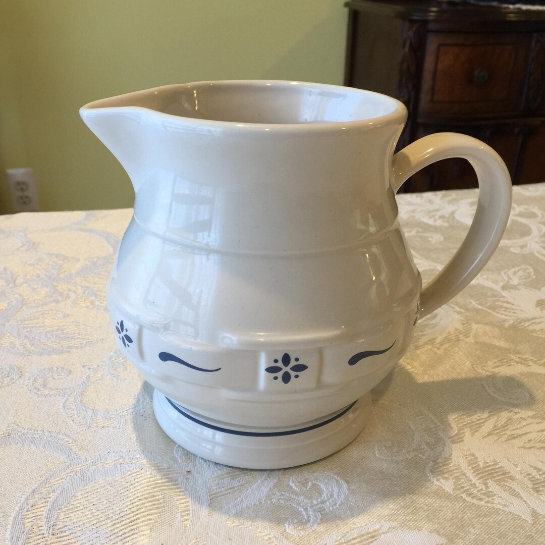 Vintage Longaberger Pottery Pitcher With Blue Designs on Basket Weave ...