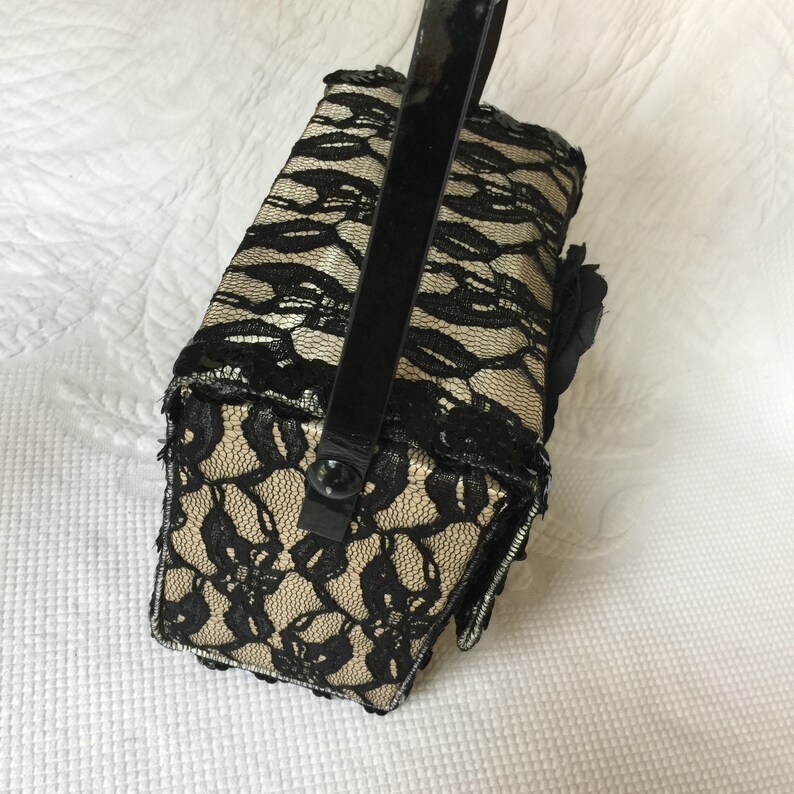 Vintage Black Lace Box Purse. Lace Over Cream Satin With Sequin Trim ...