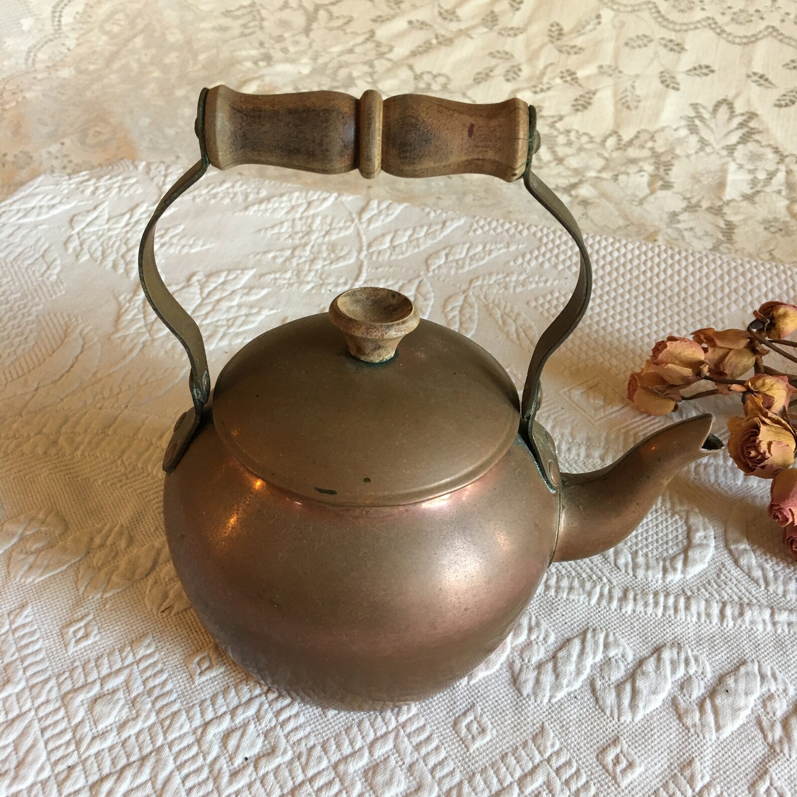 Vintage Small Copper Teapot With Wooden Handle and Knob on Lid. Swing ...