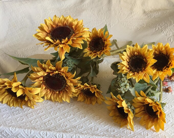 Realistic 3 Large 7 3/4" Sunflowers W/ Long Stem and Leaves. or 3 Stems ...