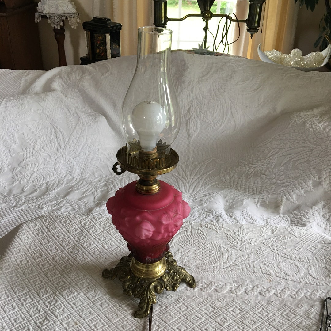 Antique Glass Victorian Rose Lamp W/ Hurricane Shade. Dark Pink Molded ...