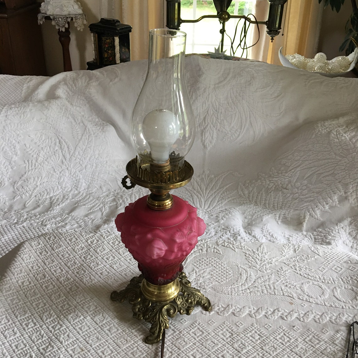 Antique Glass Victorian Rose Lamp W/ Hurricane Shade. Dark Pink Molded ...