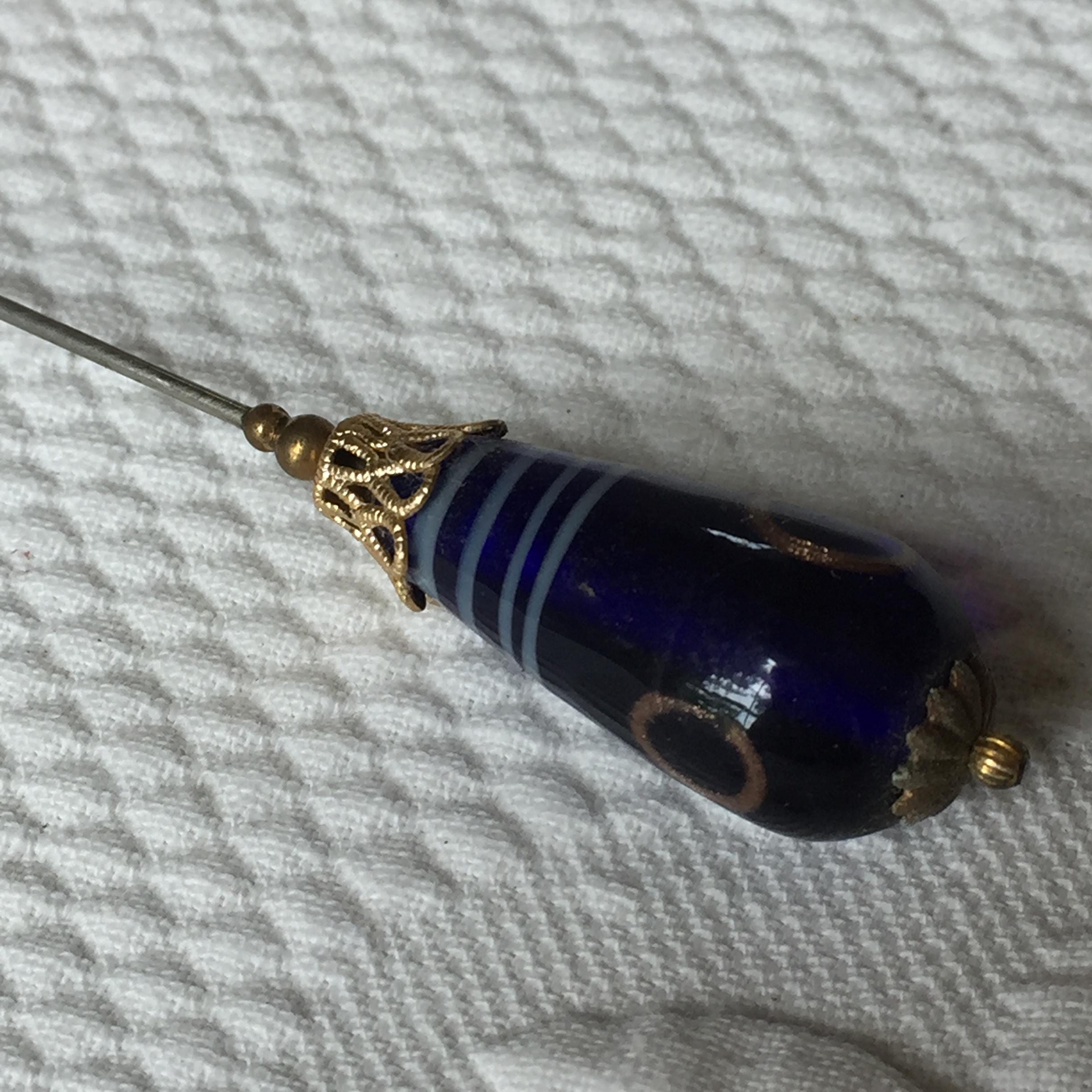 Vintage Long Hat Pin. Choose Blue Blown Glass, or Blue Beads, or Real ...