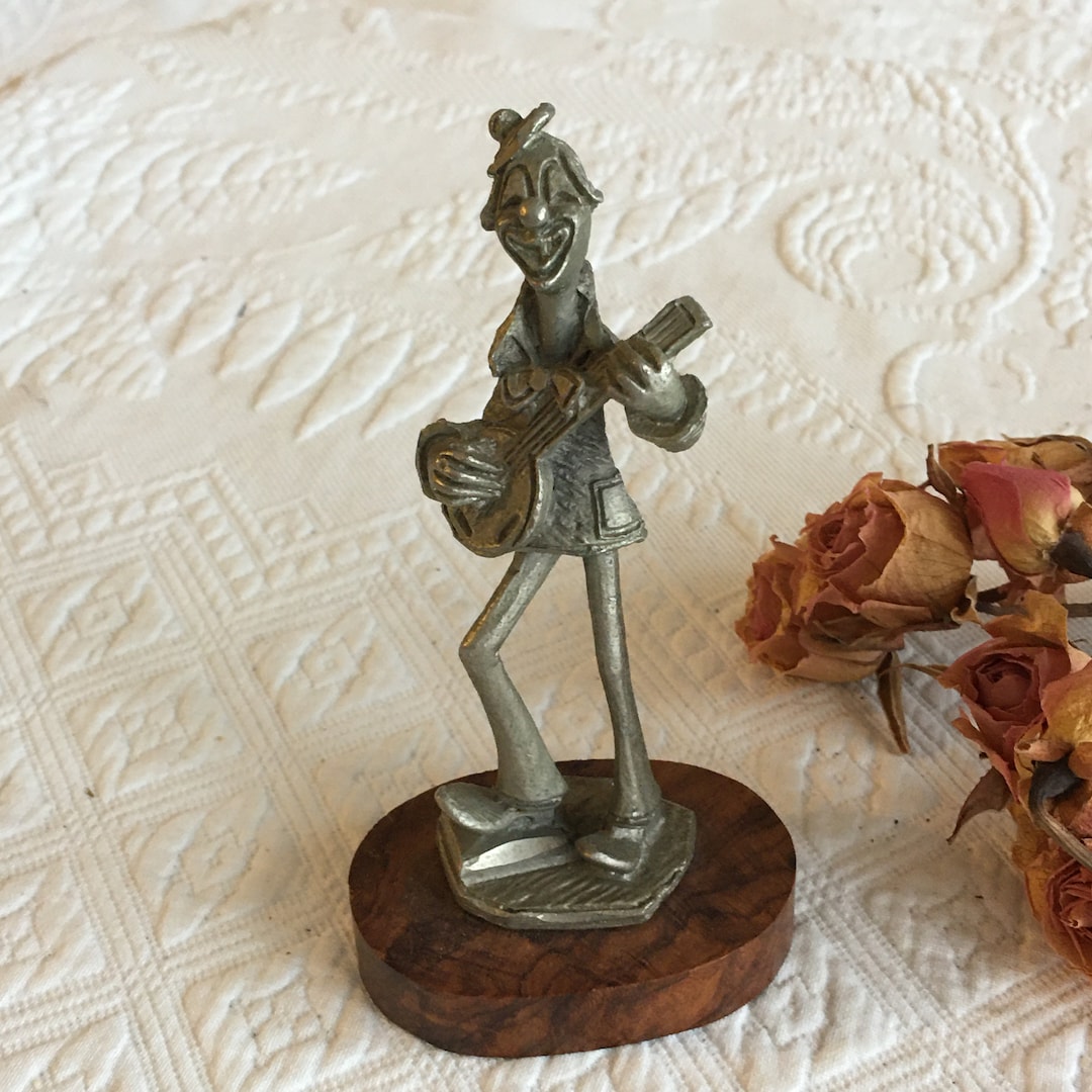 Vintage Peltro Pewter Clown With Banjo. Wood Base With Pewter Happy ...