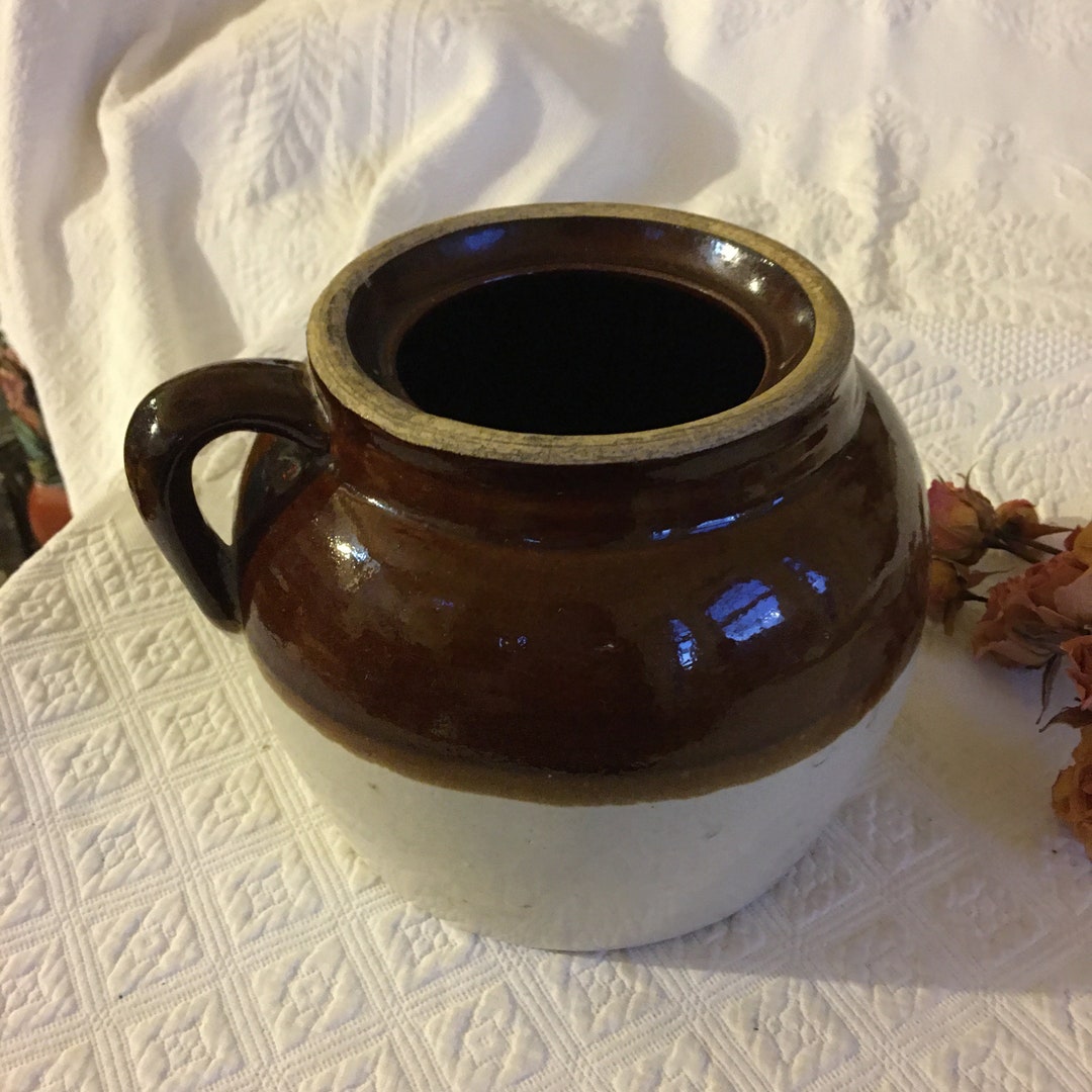 Vintage Bean Pot. Stoneware Brown and Tan Bean Pot With Side Handle ...
