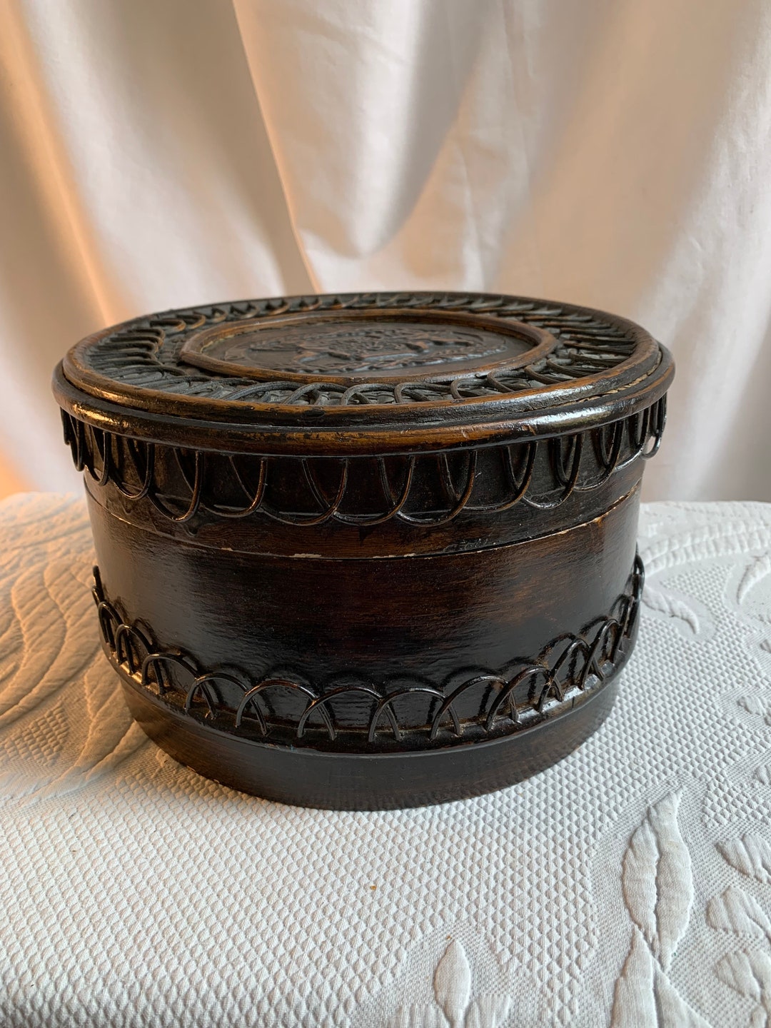 Antique Wood, Wicker and Copper Box. Embossed Cupids on Round Copper ...