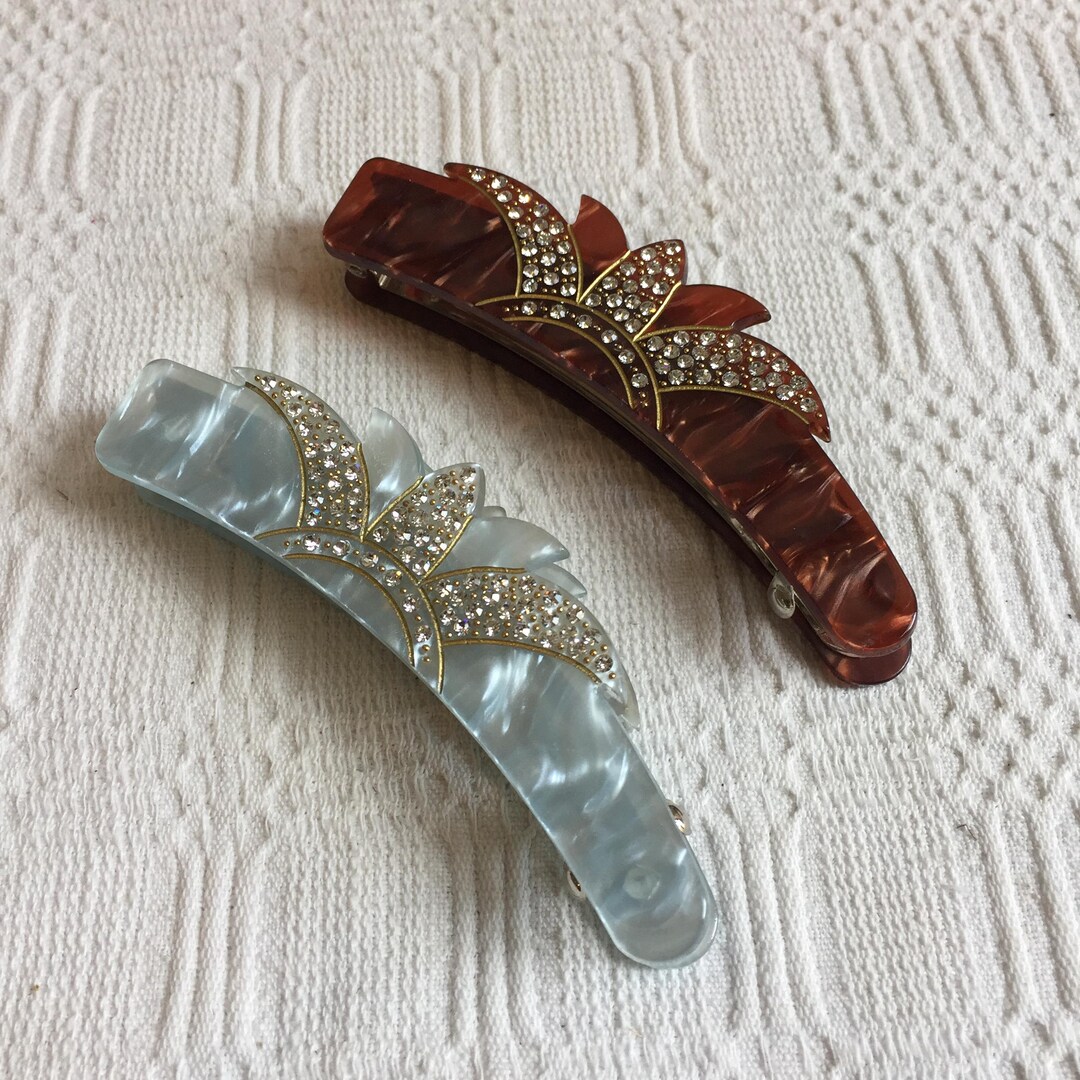 Vintage Marbleized and Rhinestone Crown Look Design Hair Barrette ...