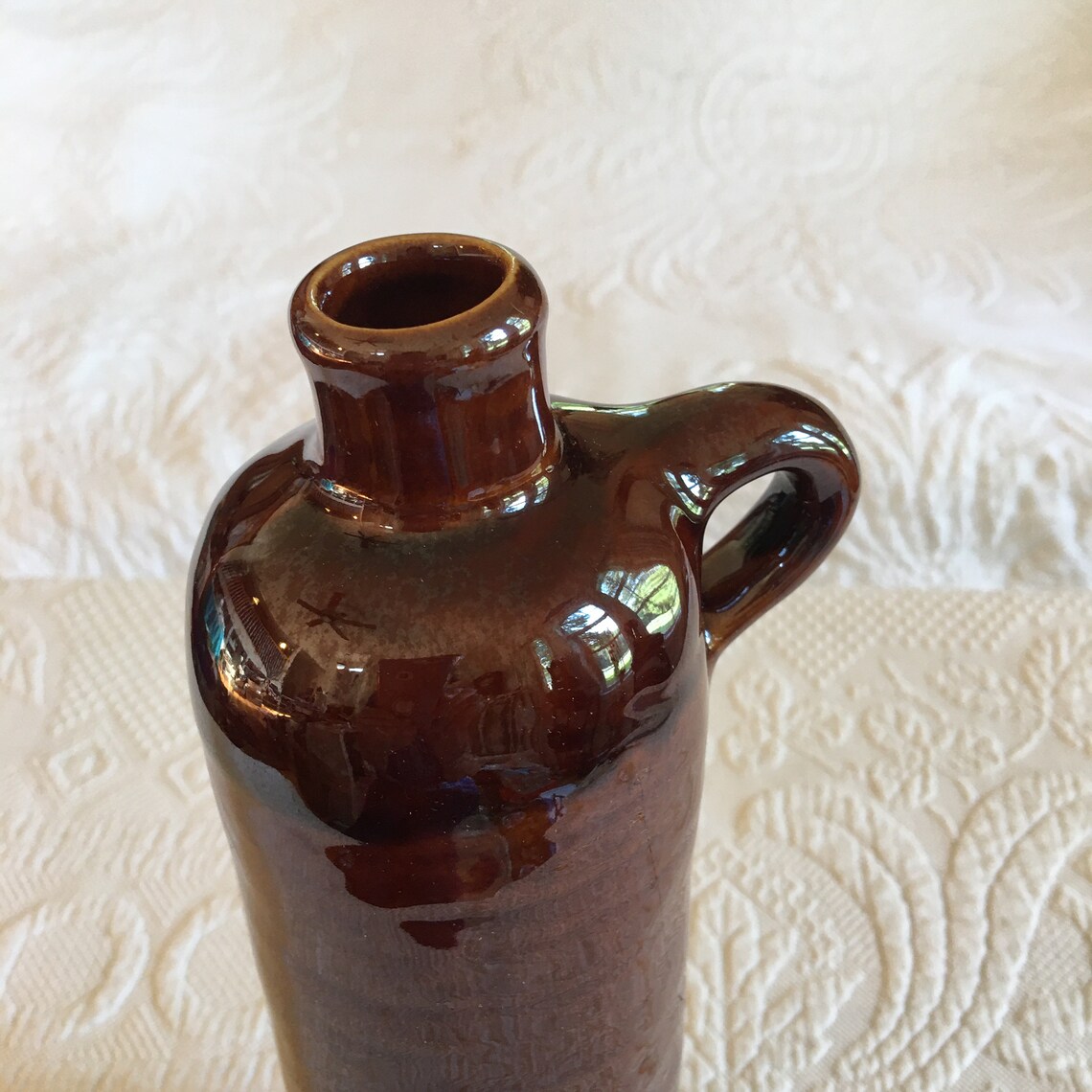 Vintage Stoneware Brown Bottle With Side Handle. Close With Cork ...