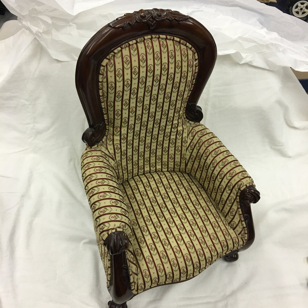 Vintage Victorian Doll Chair. Carved Wood & Fabric Stuffed Chair. 13 1/ ...