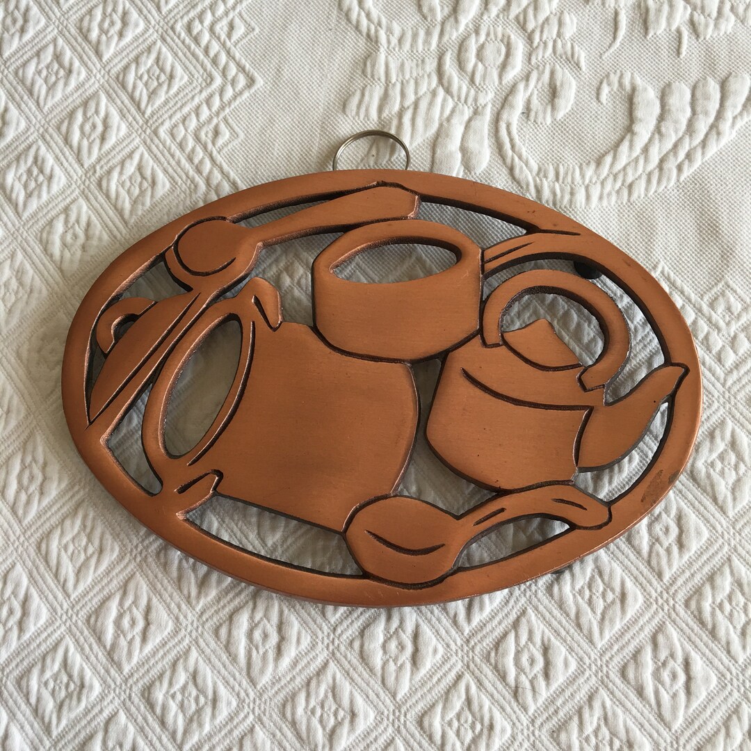 Vintage 1999 Copper Colored Trivet With Kitchen Pots and Pans. Spoons ...