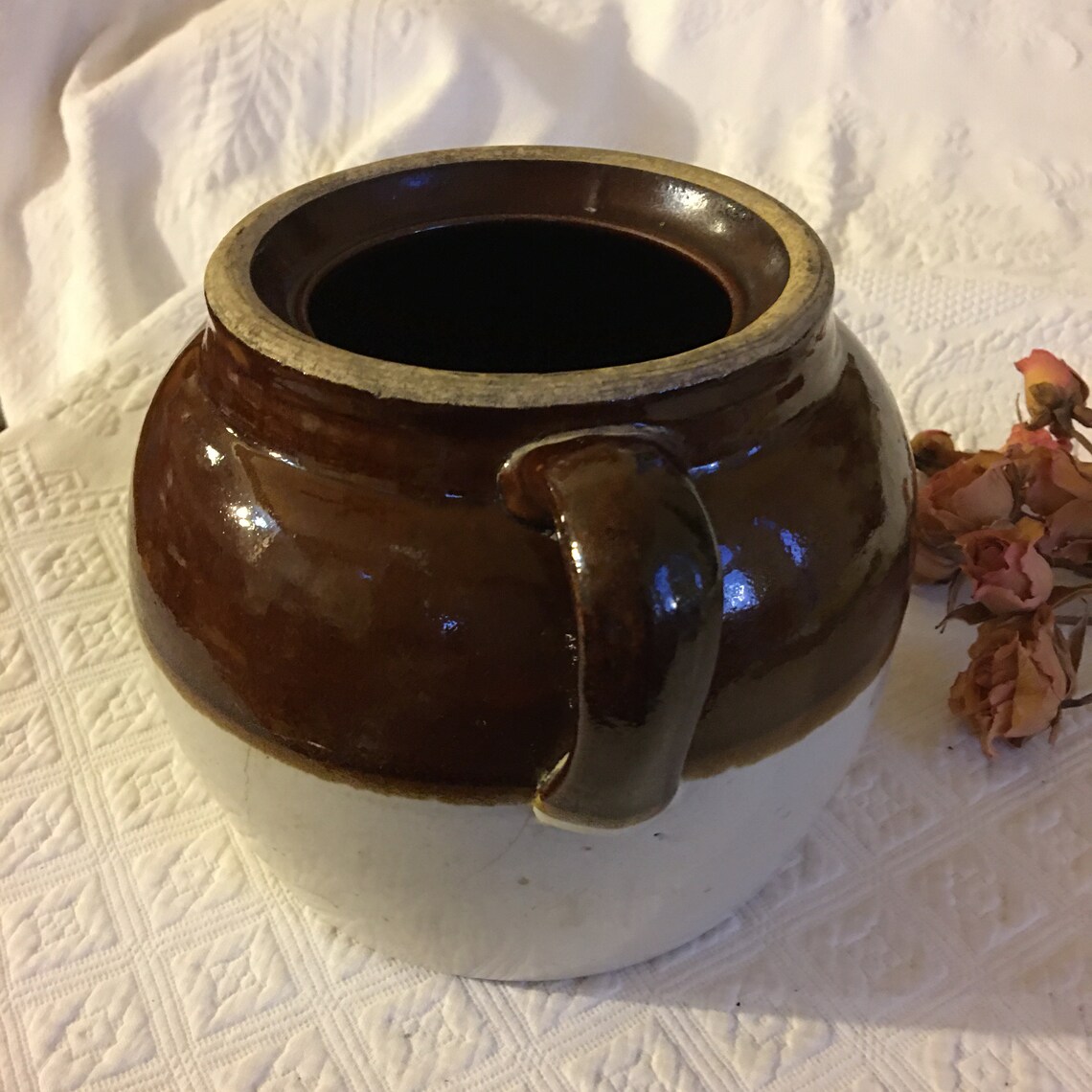 Vintage Bean Pot. Stoneware Brown and Tan Bean Pot With Side | Etsy