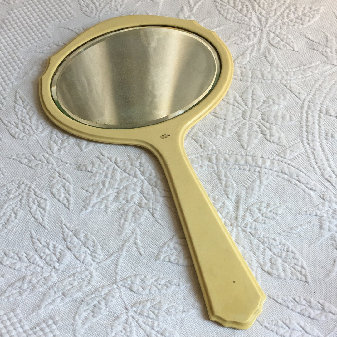 Vintage Creamy Celluloid Hand Mirror. Beveled Oval Glass Dresser Hand ...