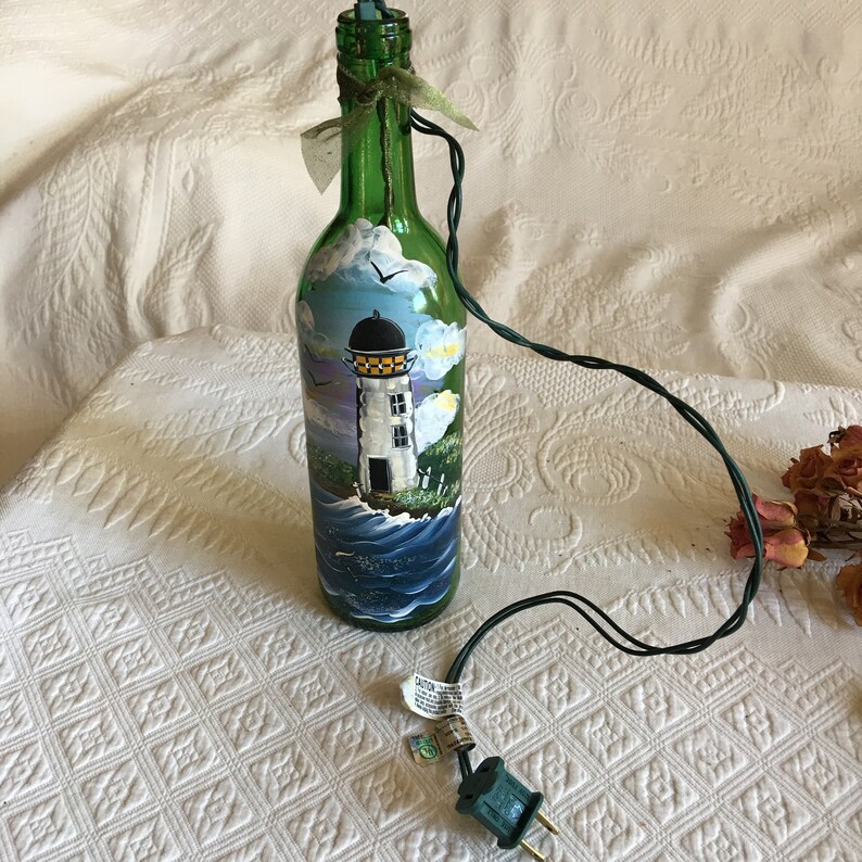 Lighthouse Hand Painted Wine Bottle With Lights Inside. Green - Etsy
