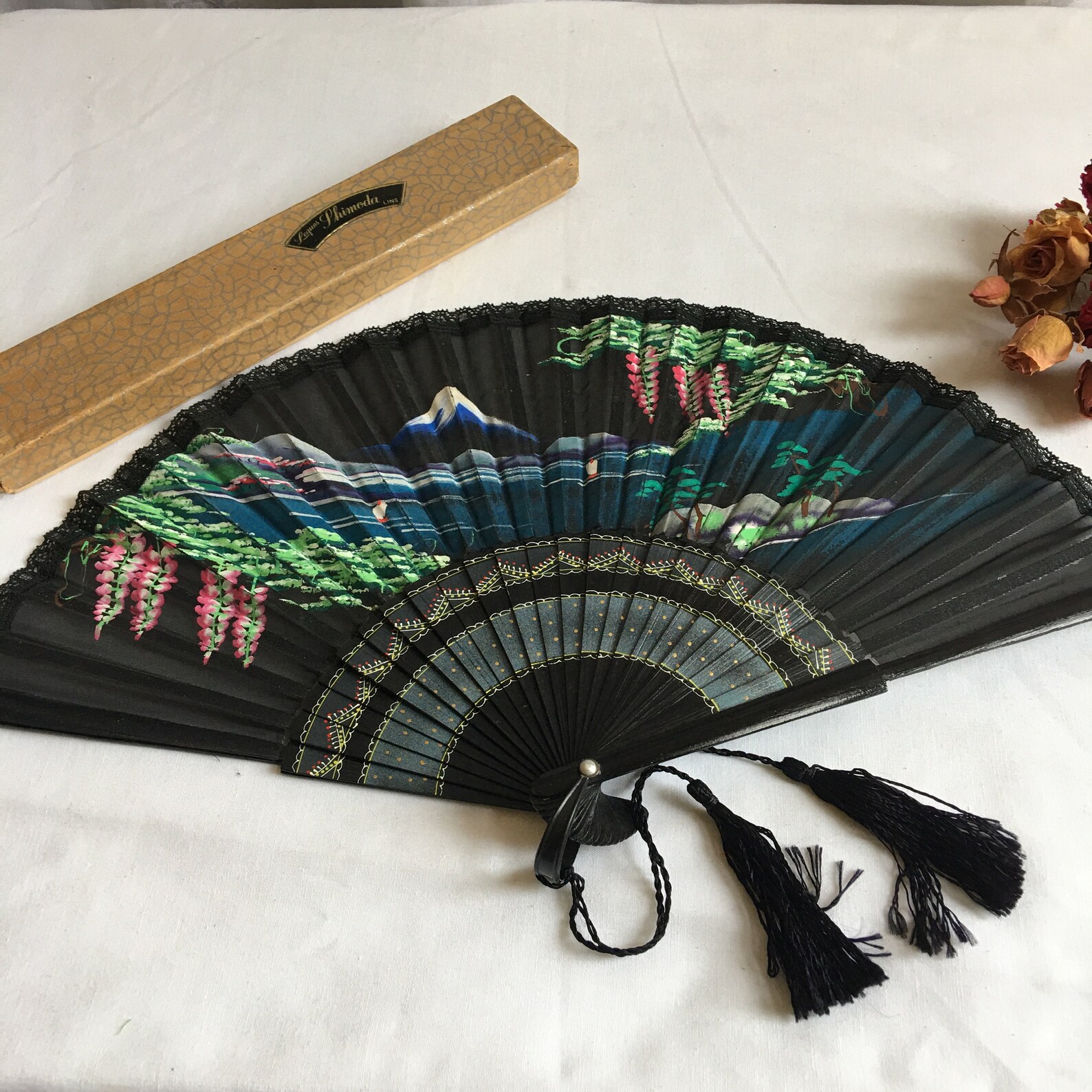 Vintage Hand Painted Silk and Wood Fan. Mountains, Water, Trees ...
