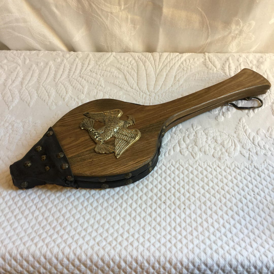 Vintage Wood Bellows, Black Leather With Hammered Hobnails and a Brass ...