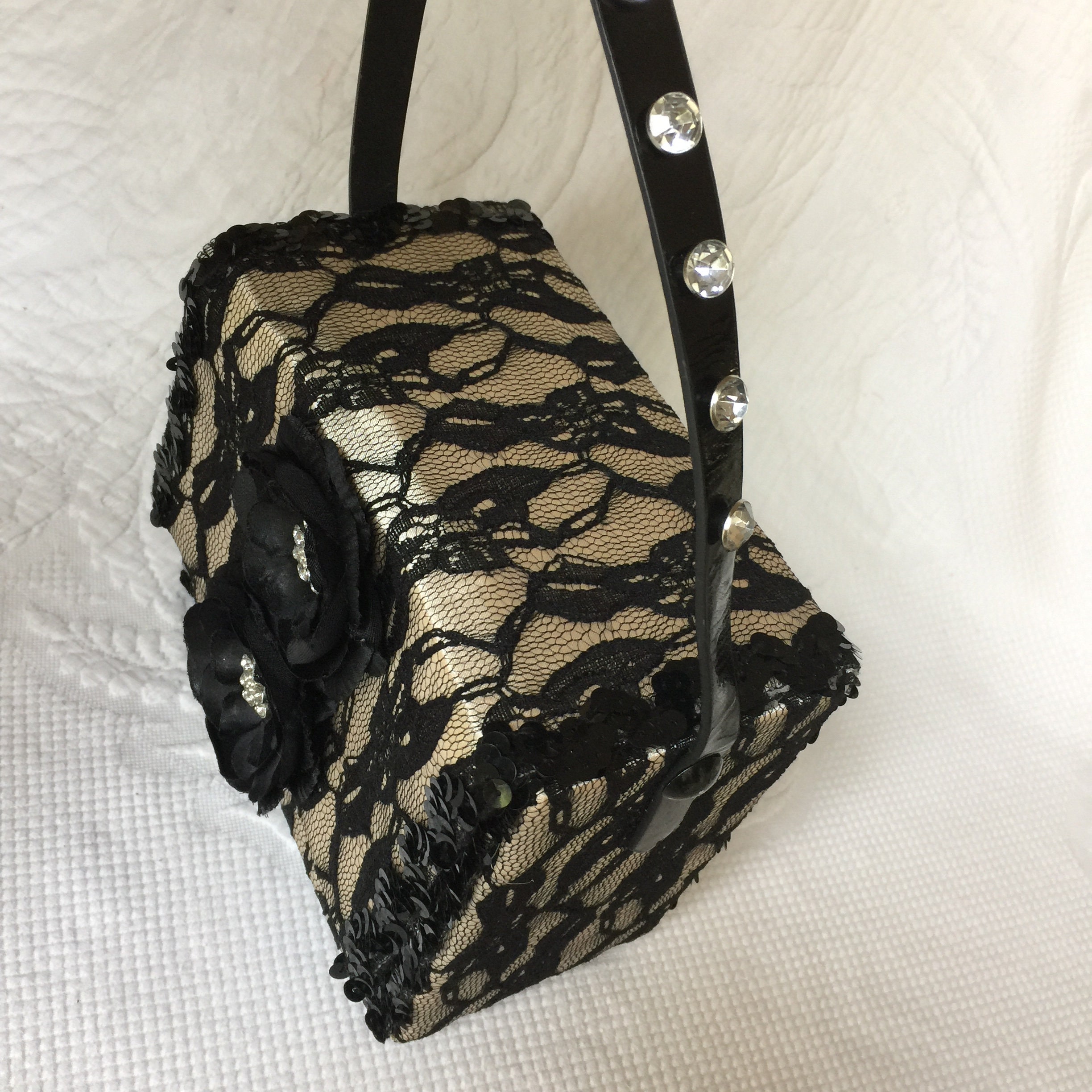 Vintage Black Lace Box Purse. Lace Over Cream Satin With Sequin Trim ...