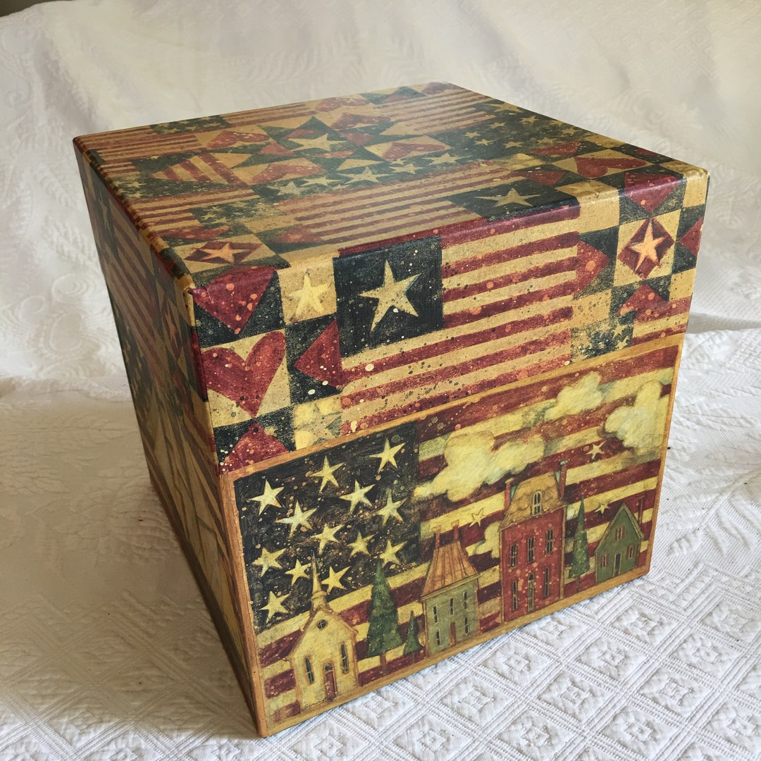 Vintage Primitive Old Glory Storage Box With Flags, Houses, Sailboats ...