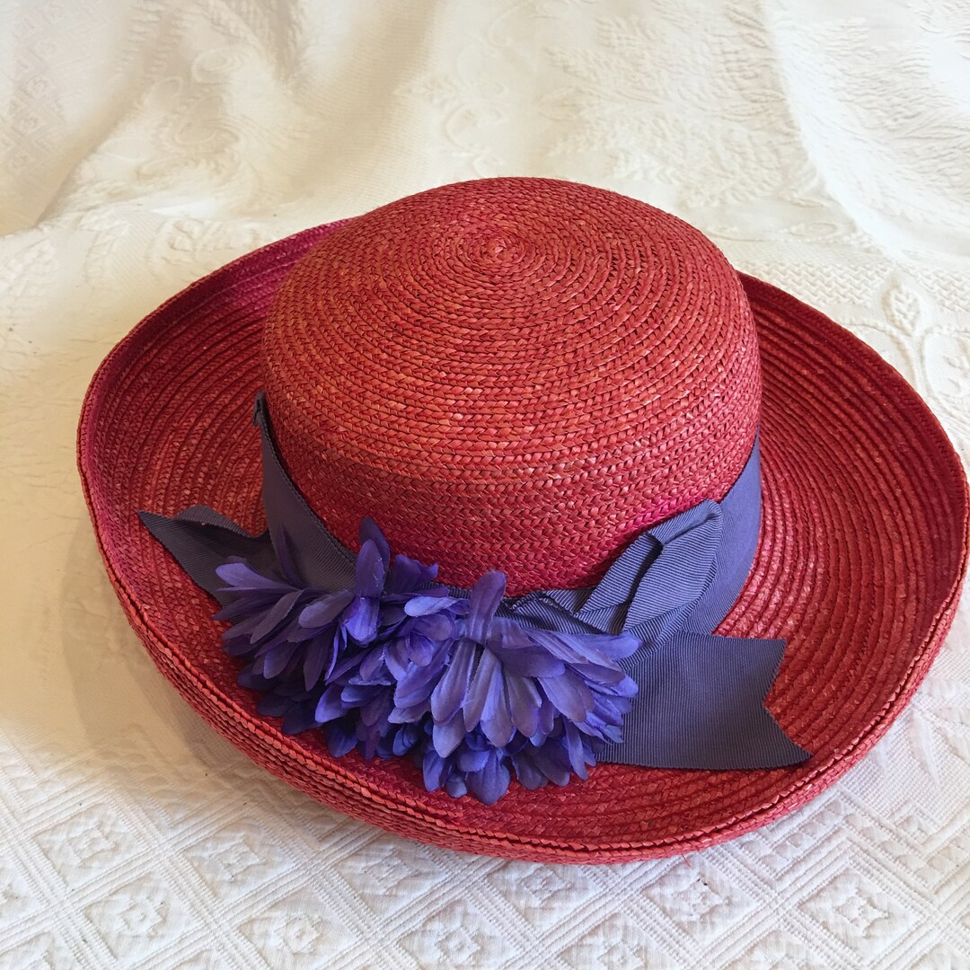 Vintage Betmar New York Red Fedora Straw Hat. Purple Silk Flowers and ...