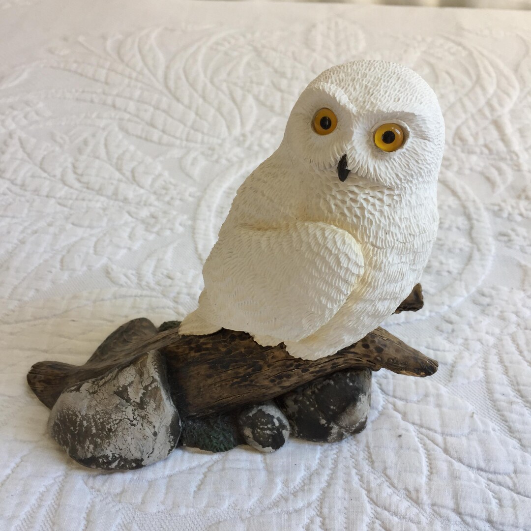 Vintage Molded and Carved White Owl Sitting on a Log With Rocks ...