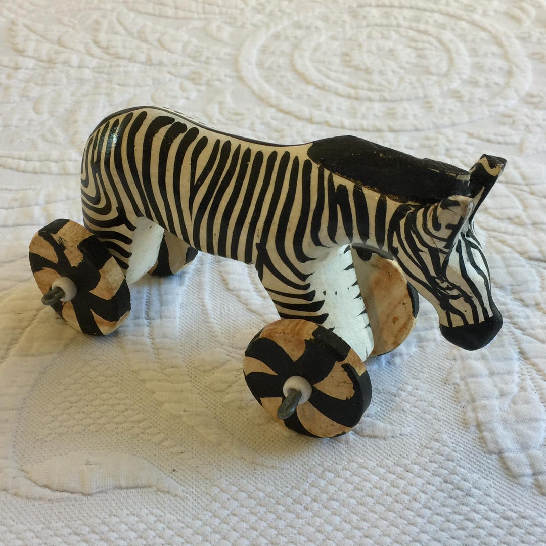 Vintage Zebra Pull Toy. Carved Wood Zebra Hand Painted With Black and ...