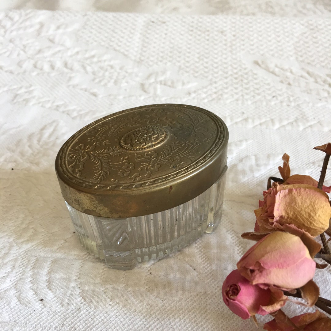 Vintage Glass Dresser Jar W/ Gold Brass Fancy Embossed Lid, Flower ...