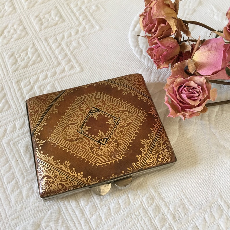 Vintage Leather Powder Compact. Gold Embossed Leather Powder - Etsy