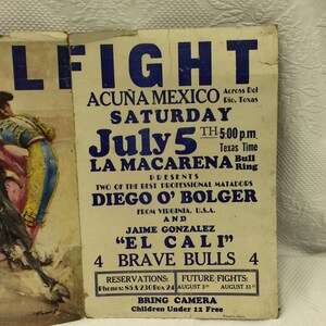 Vintage Bullfight Poster Advertising a Bullfight in Del Rio, Texas ...