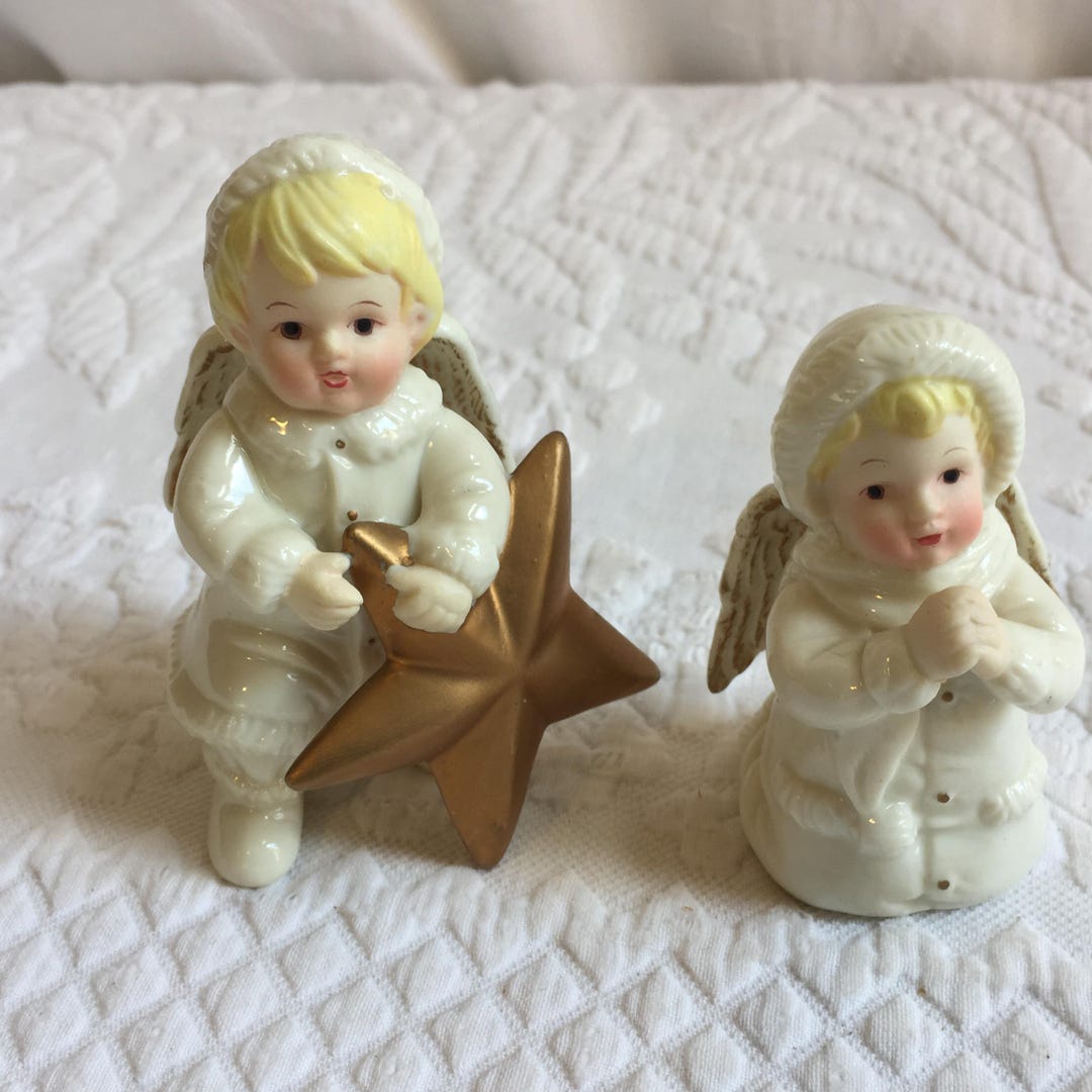 Vintage Two Ceramic Christmas Angels. One With Large Gold Star and One ...