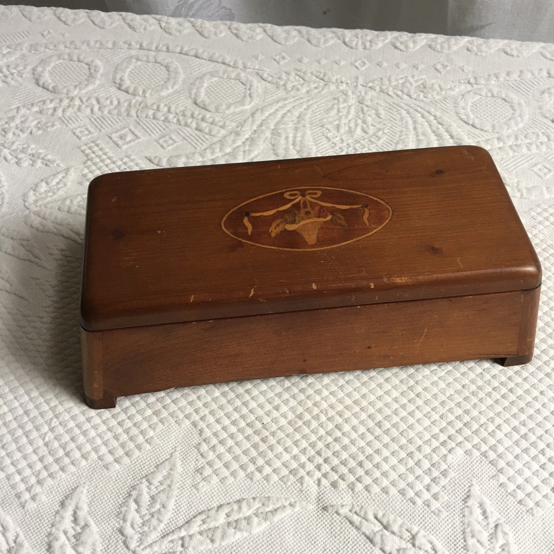 Vintage Inlaid Wood Music Jewelry Box. Beribboned Flower Basket Inlaid ...