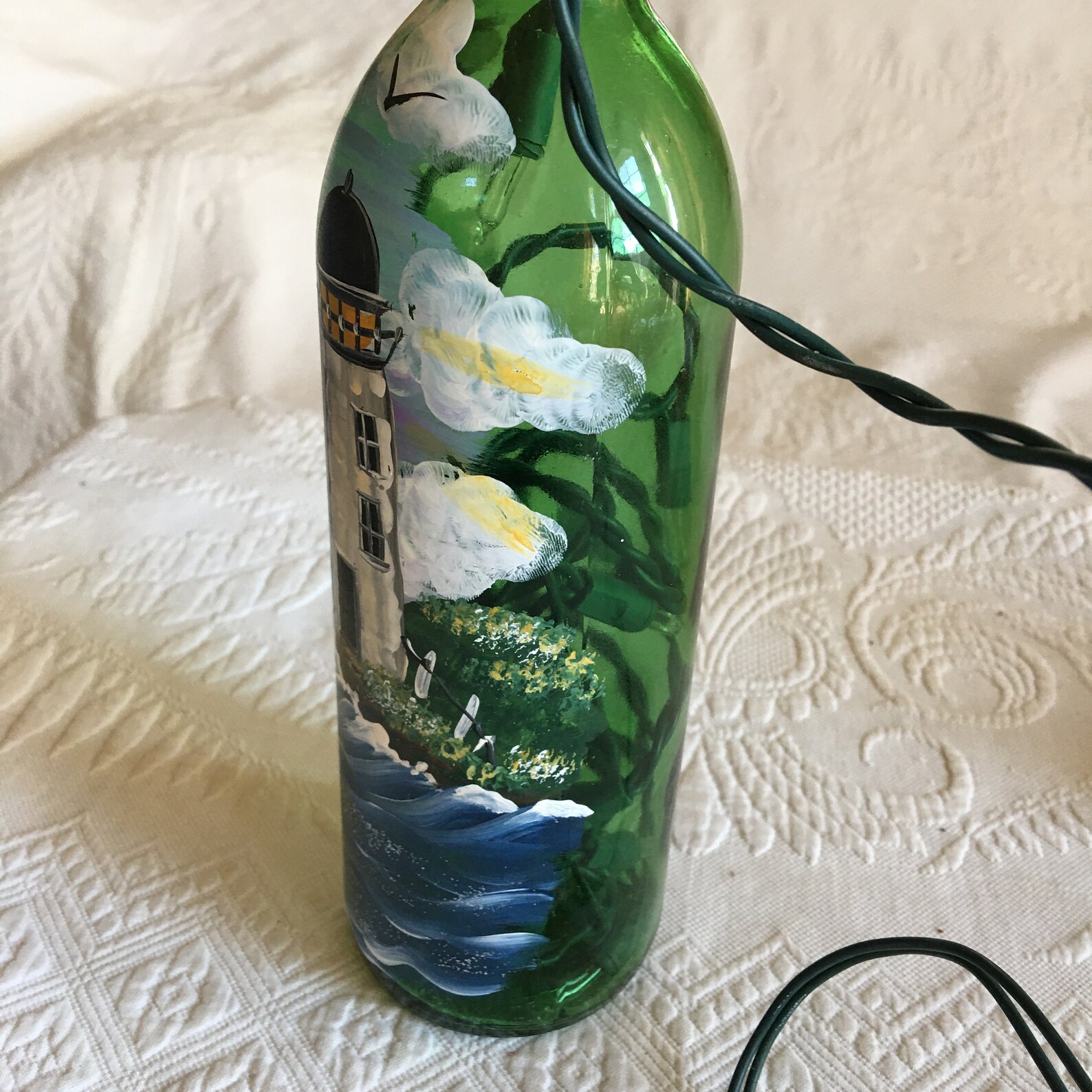 Lighthouse Hand Painted Wine Bottle With Lights Inside. Green - Etsy