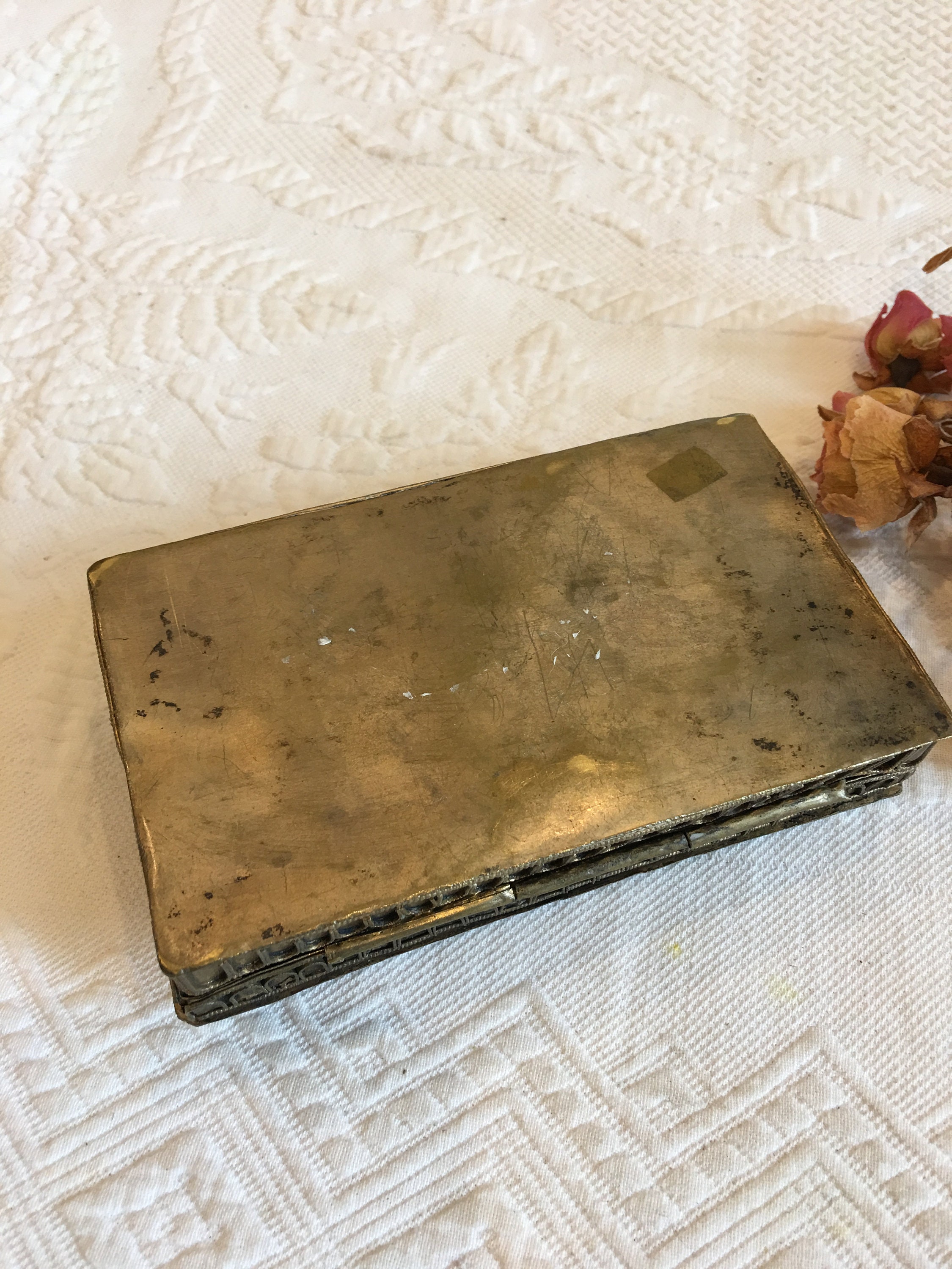 Vintage Hammered Brass Box With Set Black Stones and Filigree - Etsy