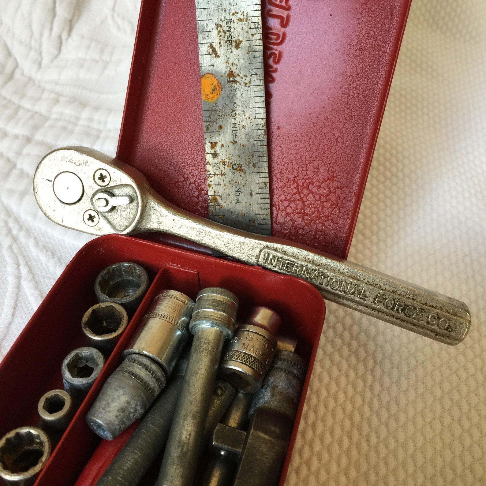 Vintage Red Stevens Walden Inc. Metal Box With Tools. International ...