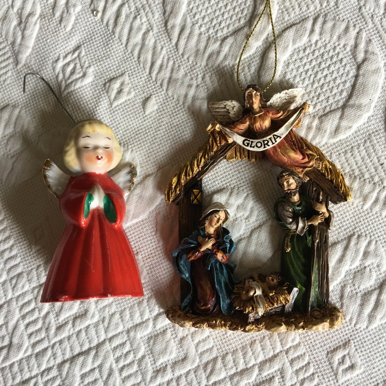 Vintage Angel and Creche. Porcelain Angel and Composite Nativity With ...