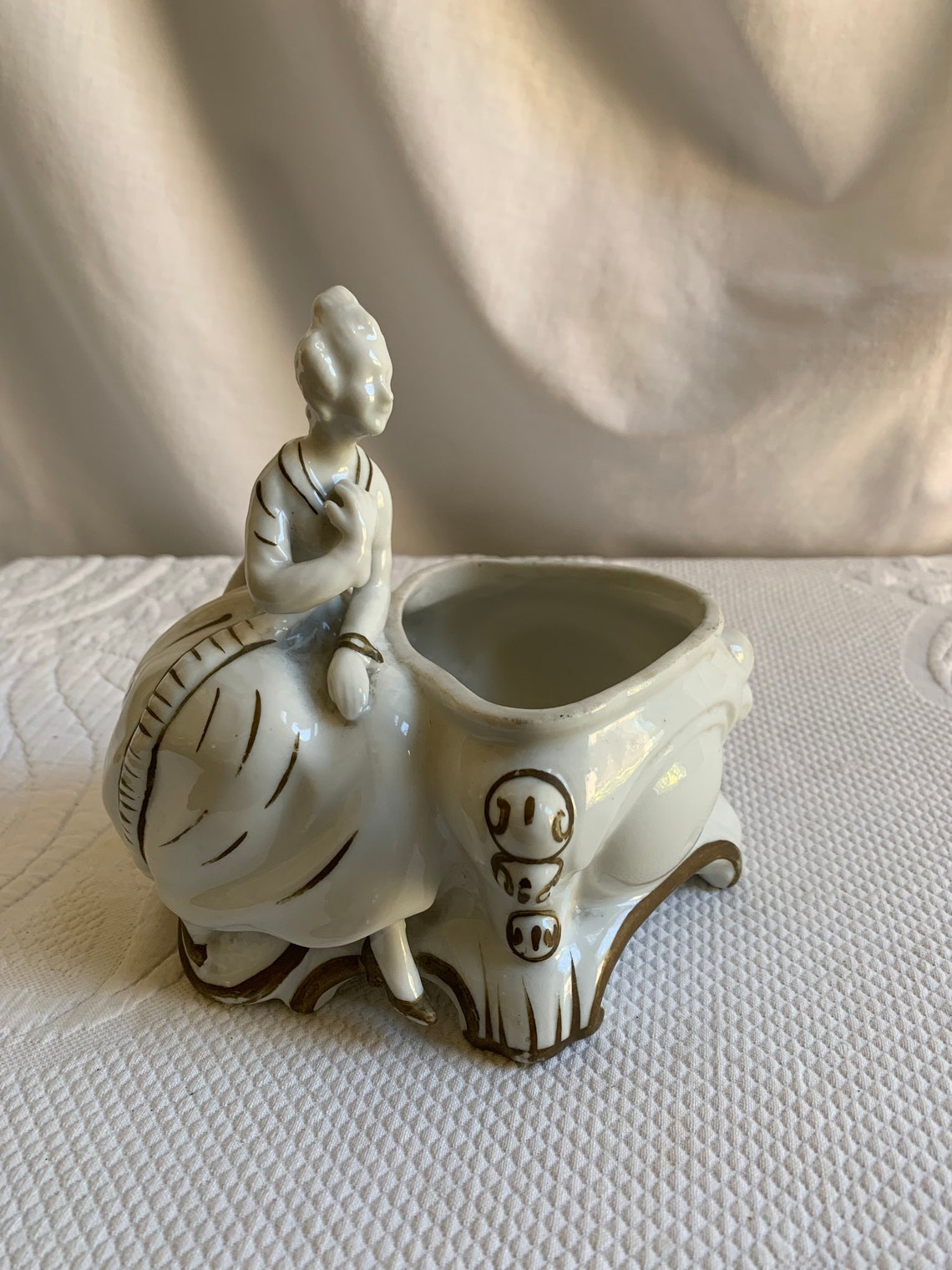 Vintage Porcelain Flower Pot Figurine With Lady Leaning Over Pot. Made ...