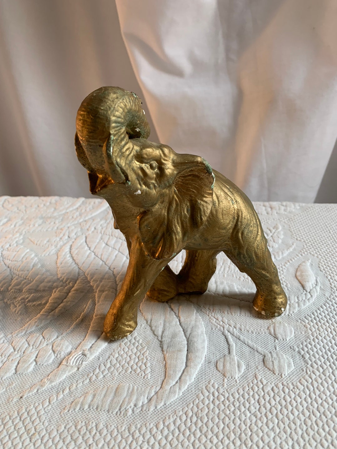 Vintage Chalkware Elephant Figurine. Gold Painted Elephant With Raised ...
