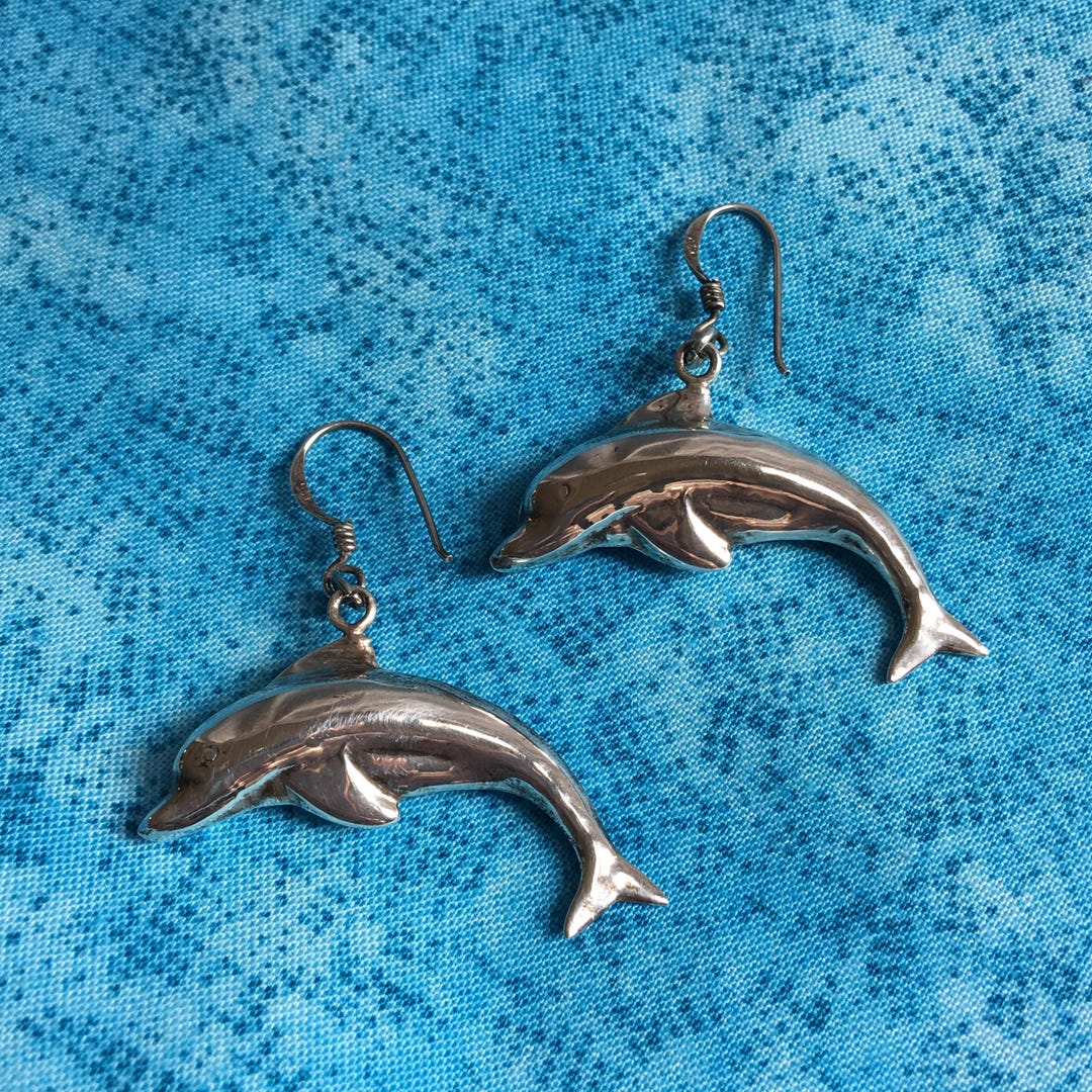 Vintage Sterling Silver Dolphin Pierced Earrings. Jumping Dolphin. Wire ...