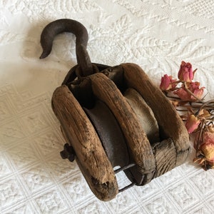 Antique Large Wooden Barn Pulley With Hook. Primitive Double Pulley ...