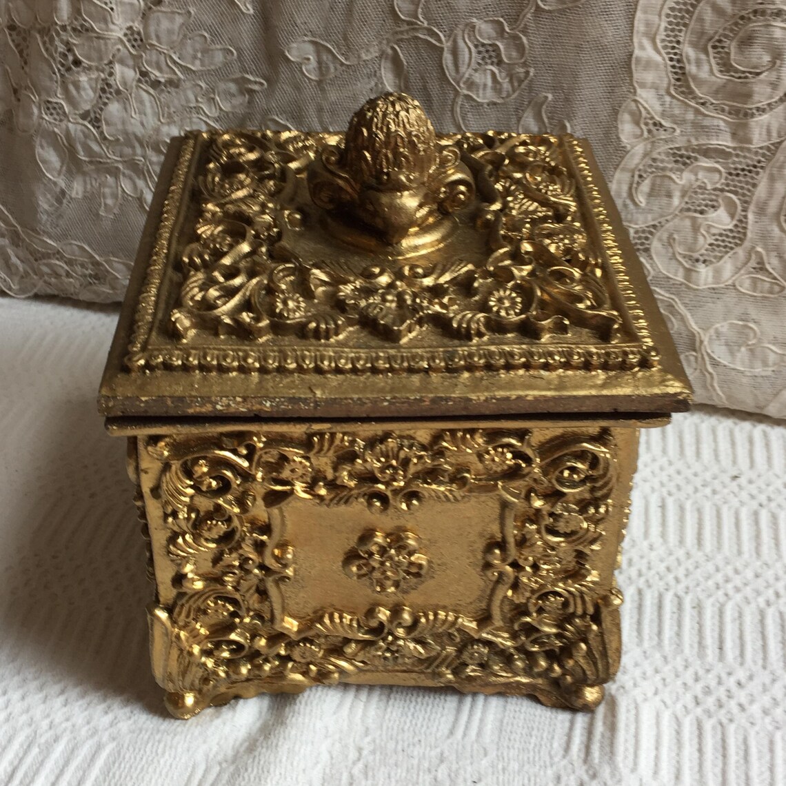 Vintage Gold Molded Composite Box With Legs on Bottom. Fancy Molded ...