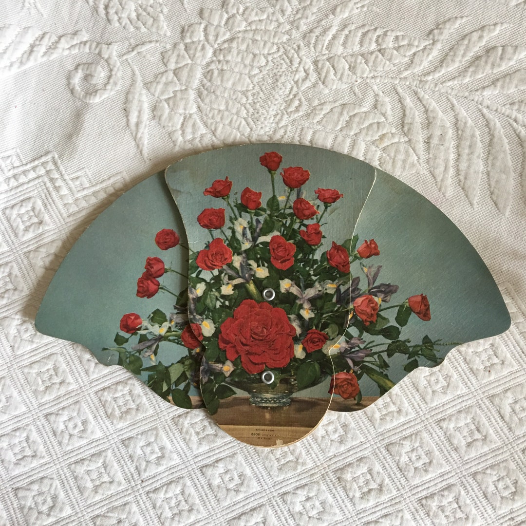 Vintage Red Rose Bouquet Fan. Advertising Cardboard Fan of Thrush's ...