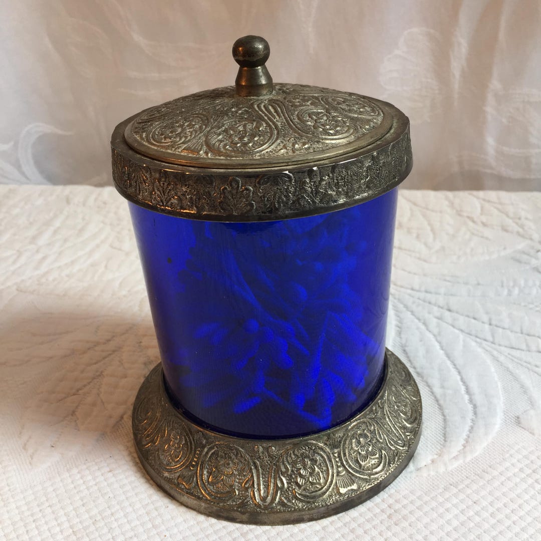 Vintage Cobalt Blue Glass Dresser Jar With Pewter Base and Lid With ...