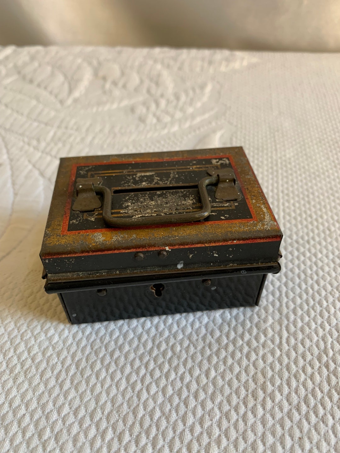 Vintage Cash Box Bank in Black Gold and Red With Top Handle. Has a Lock ...