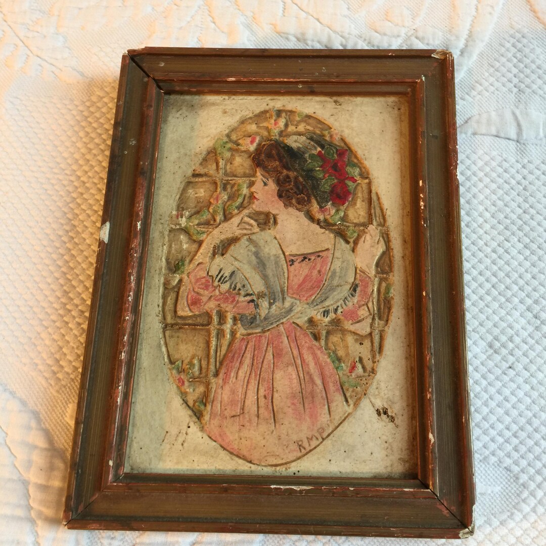 Antique Plaster Relief Picture Plaque in a Wood Frame. Hand Painted ...