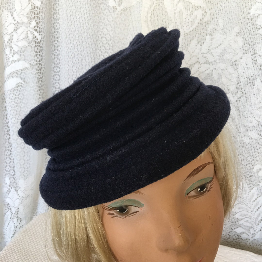 Vintage Navy Blue Wool HAT With Stitched Ridged Pattern on Sides. Soft ...
