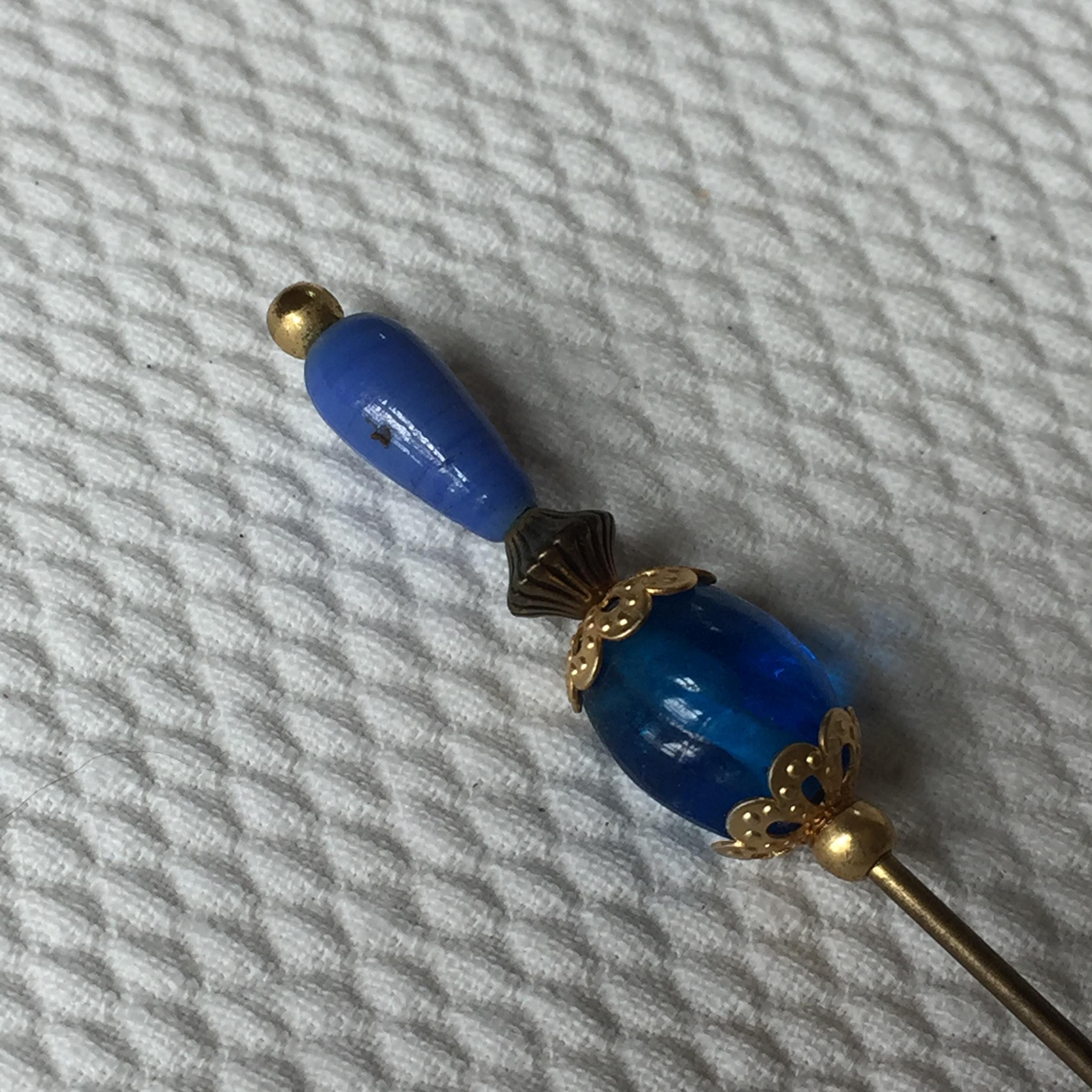 Vintage Long Hat Pin. Choose Blue Blown Glass, or Blue Beads, or Real ...