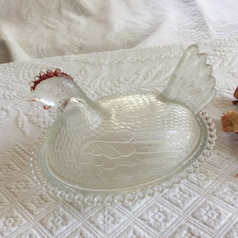 Vintage White or Clear Glass Hen Dish. Large Hen on Nest Bowl With Lid ...